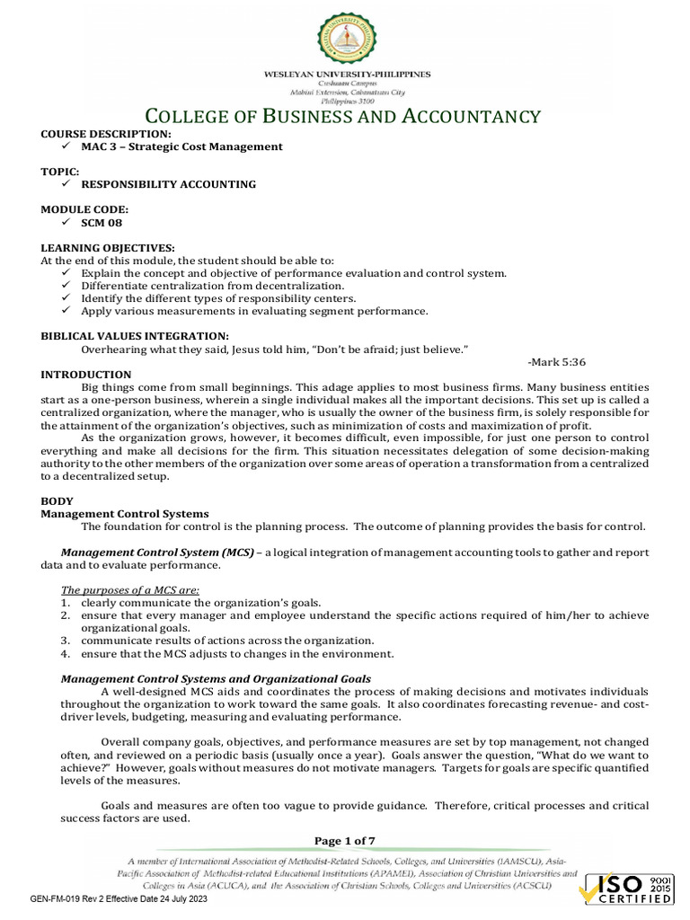 SCM 08 - Responsibility Accounting | PDF