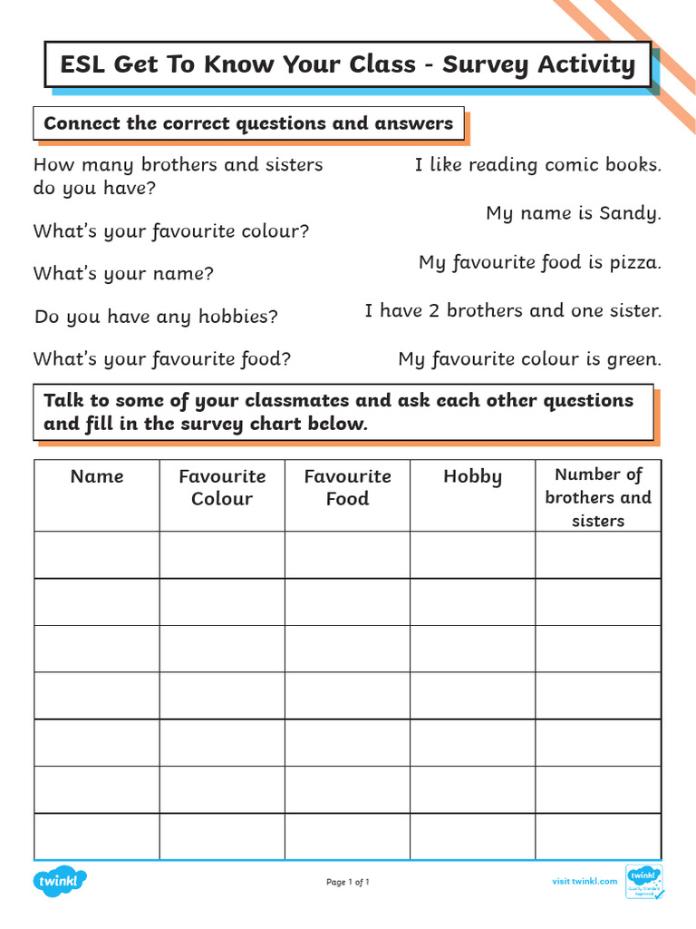T 1657279861 Esl Get To Know Your Class Survey Activity - Ver - 2 | PDF