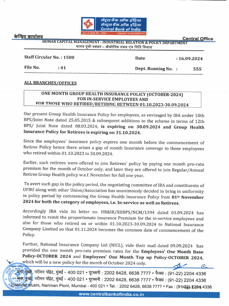 Staff Circular No - 1580 - One Month Group Health Insurance Policy ...