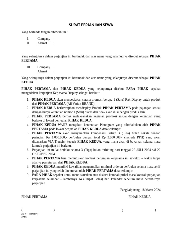 Surat Perjanjian Sewa Asoka Mart Bangka | PDF