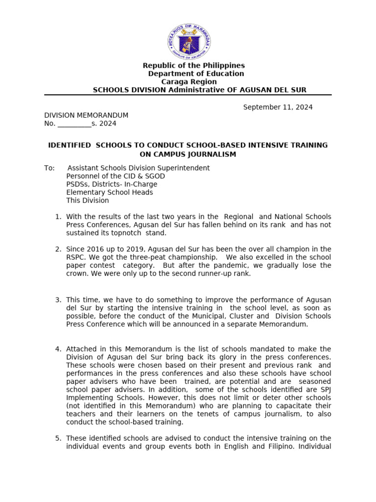 Division Memorandum On The Mandate of Intensive Training For Campus ...