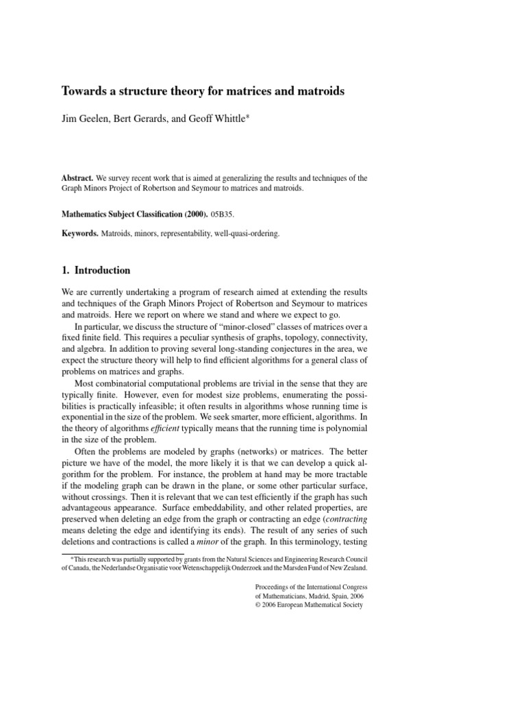 Towards A Structure Theory For Matrices and Matroids | PDF