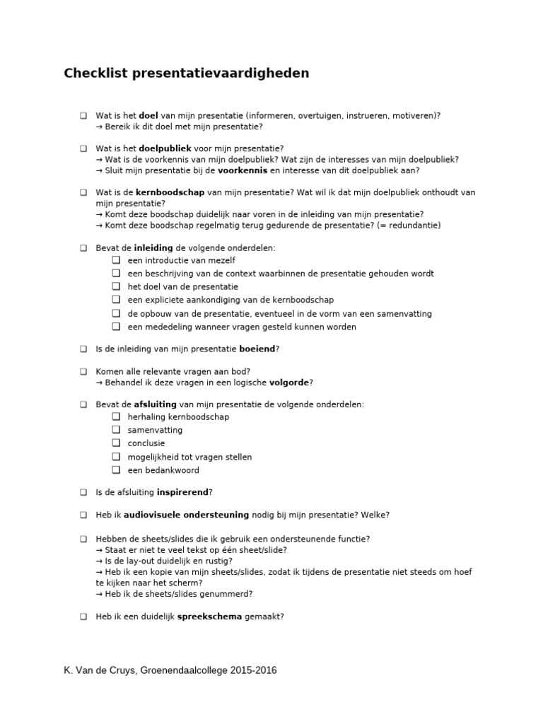 Checklist Presentatievaardigheden | PDF