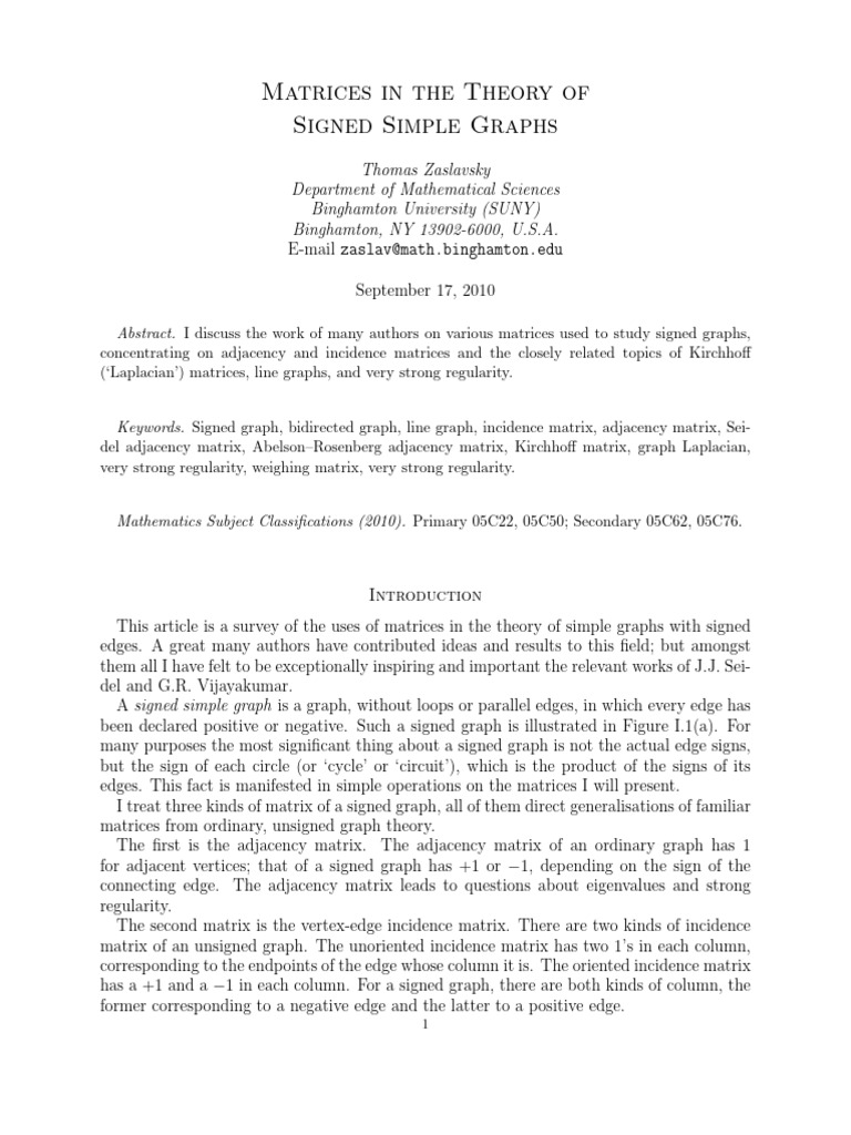 Matrices in the Theory of Signed Simple Graphs ( PDFDrive ) | PDF