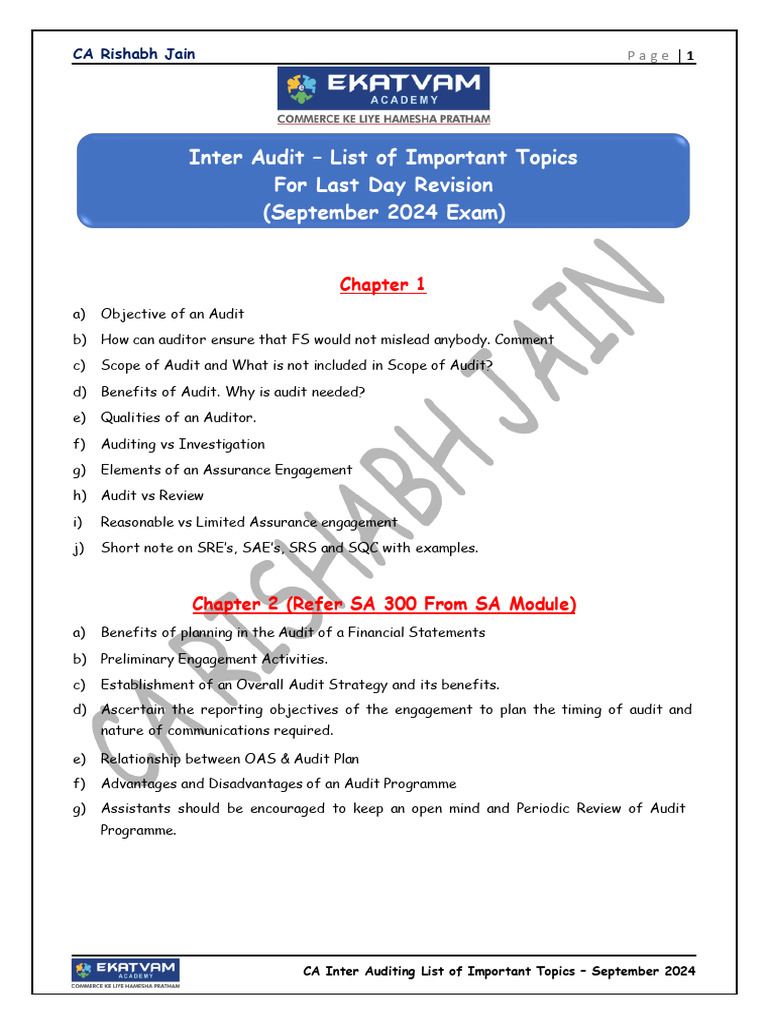 Audit List of Important Topics For Last Day Revision by Rishabh Jain Sir | PDF
