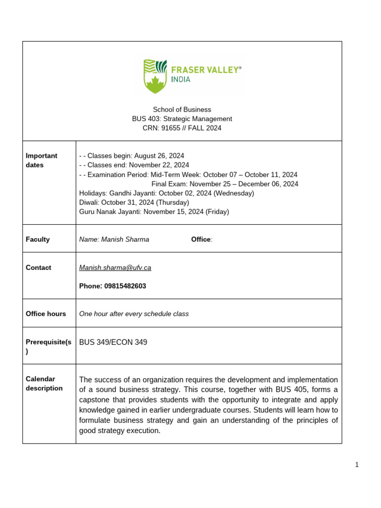 BUS 403 - Course Syllabus - Fall 2024 | PDF