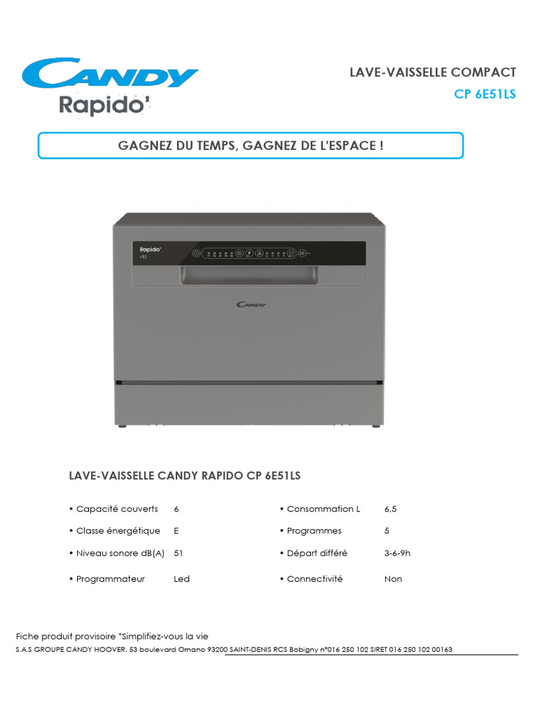 Lave-Vaisselle Compact Candy CP 6E51LS | PDF