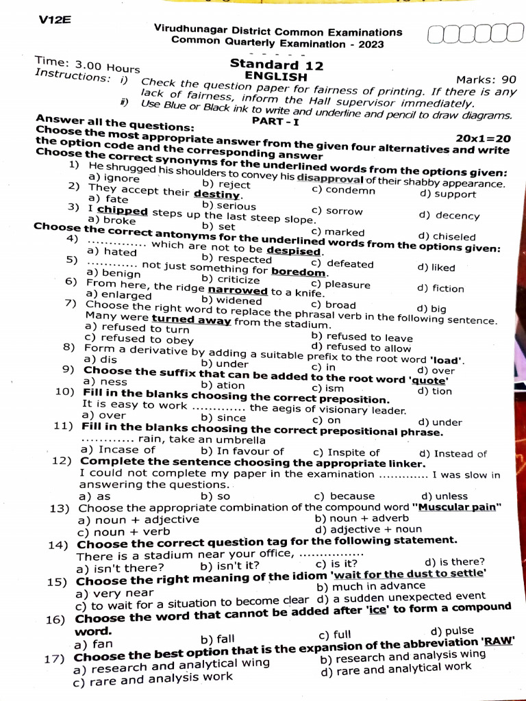 12TH ENGLISH QUARTERLY QUESTION PAPER 2023 TO 2024 PDF DOWNLOAD ...