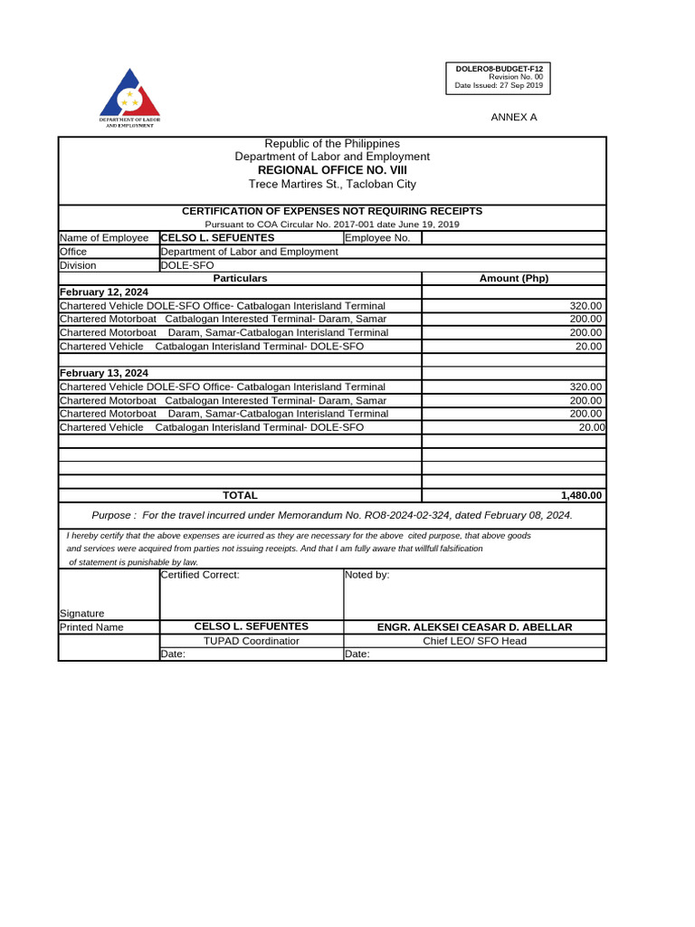 Republic of The Philippines Department of Labor and Employment Trece ...