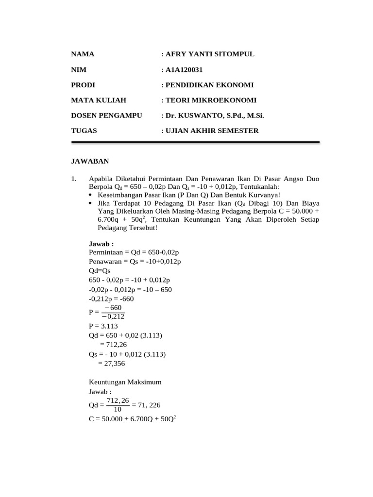 Uas Mikroekonomi - Afry Yanti Sitompul - A1a120031 | PDF