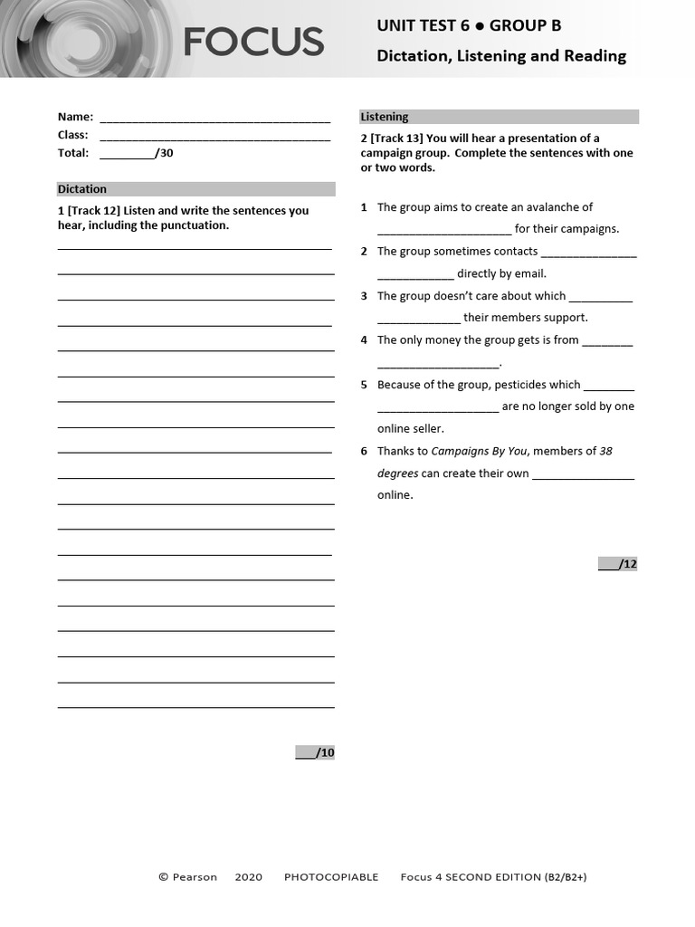 Focus4 2E Unit Test Dictation Listening Reading Unit6 GroupB | PDF