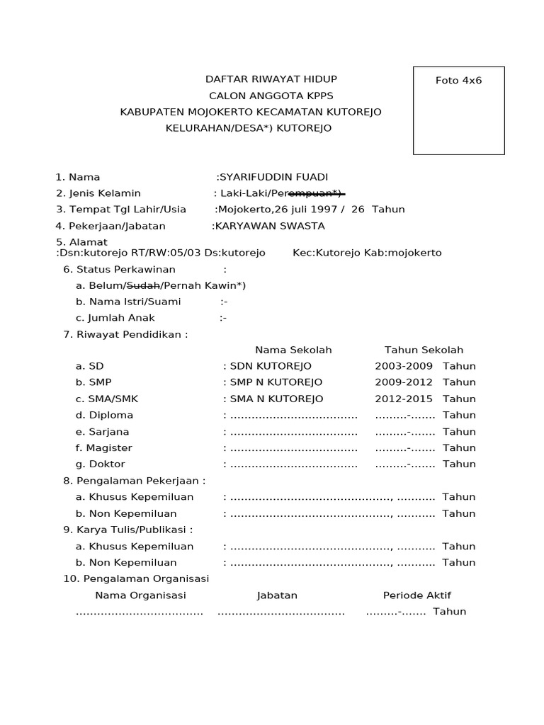 DAFTAR RIWAYAT HIDUP CALON KPPS | PDF