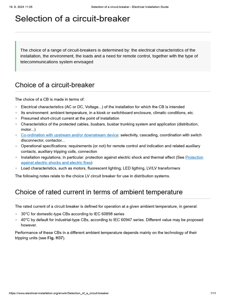 Selection of A Circuit-Breaker - Electrical Installation Guide | PDF