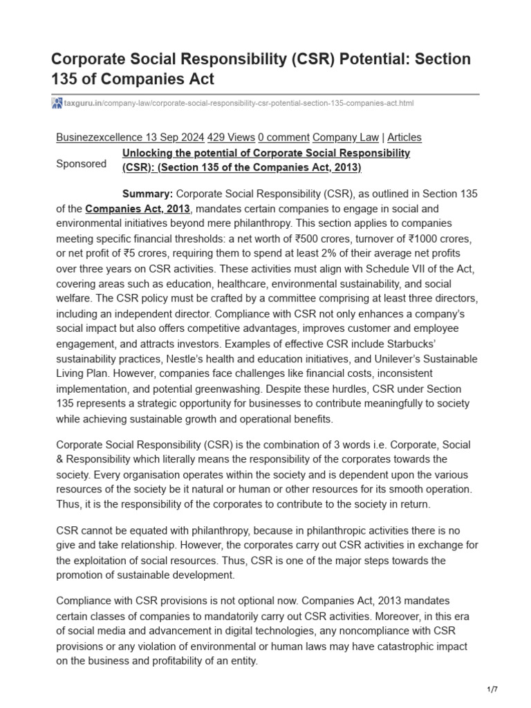 Corporate Social Responsibility CSR Potential Section 135 of Companies Act | PDF