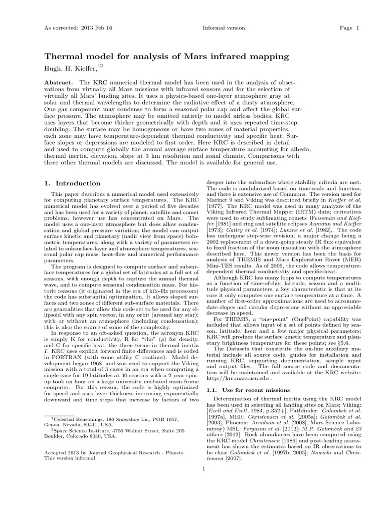 Thermal Model For Analysis of Mars Infrared Mapping | PDF | Mars ...