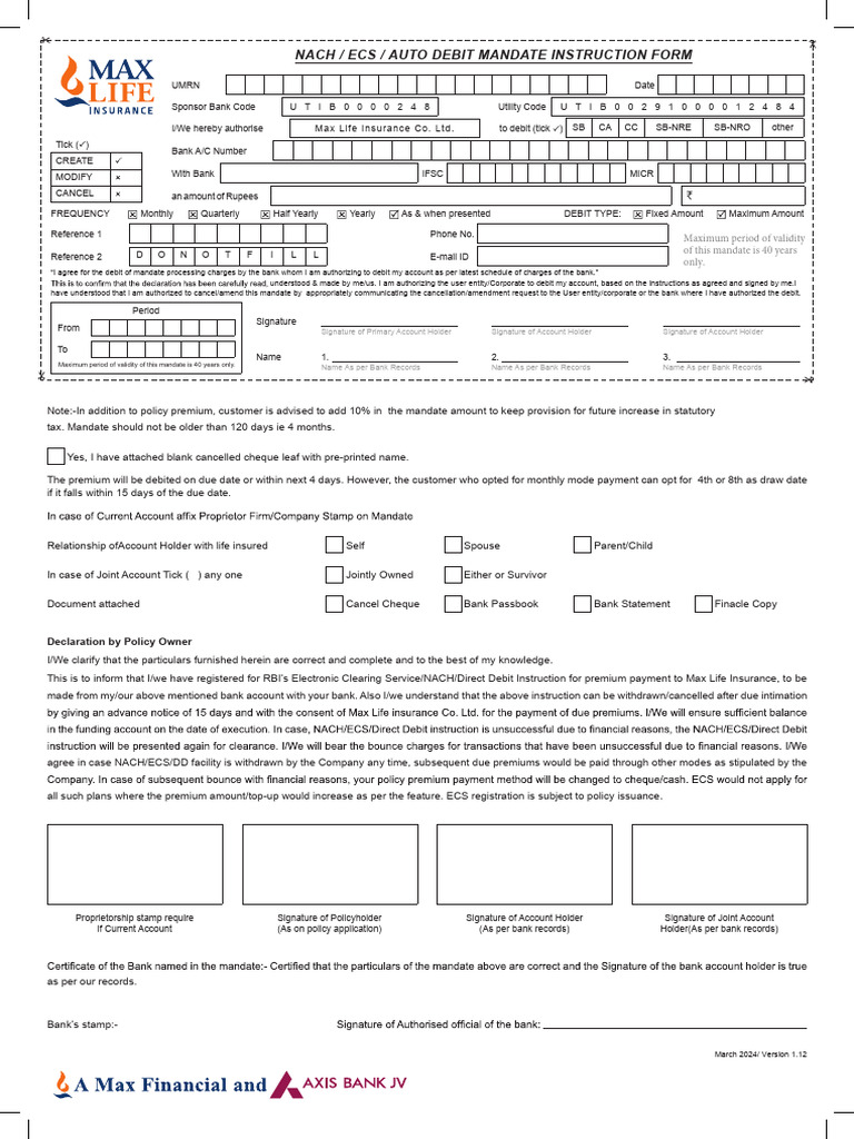Nach ECS Direct Debit Mandate Instruction Form | PDF | Insurance | Banks