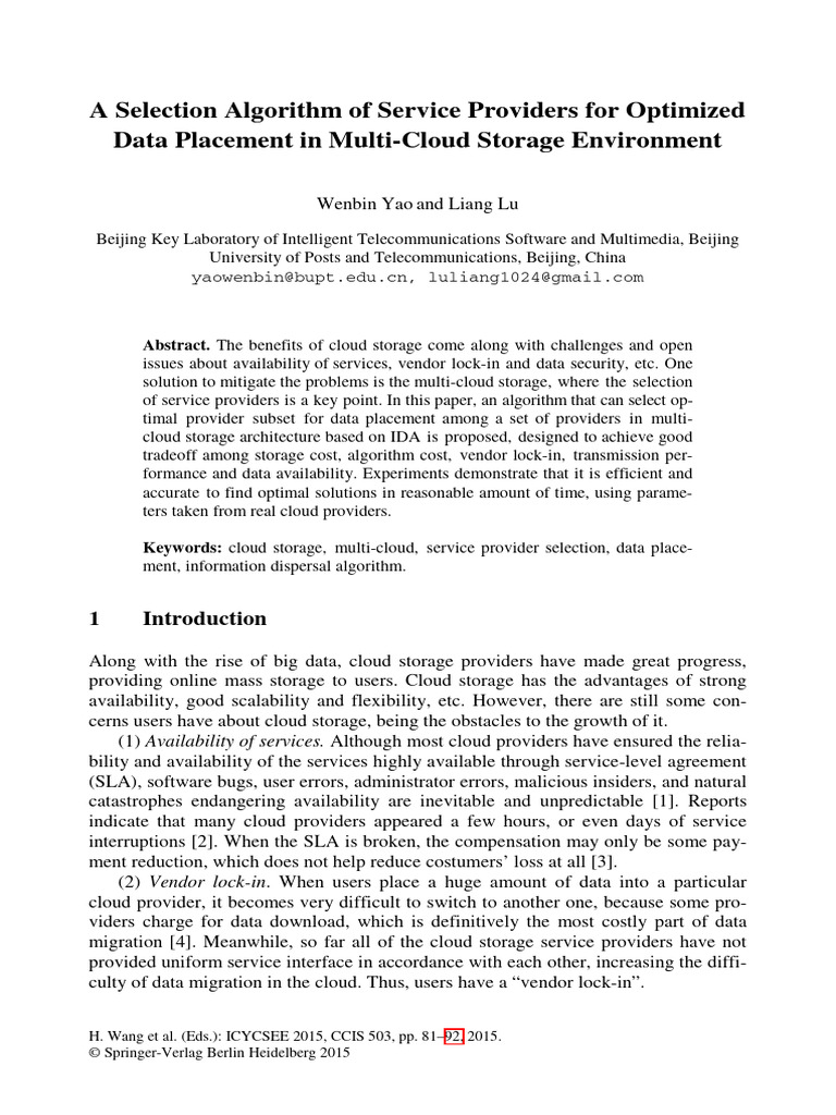 A Selection Algorithm of Service Providers For Optimized Data Placement in Multi-Cloud Storage ...