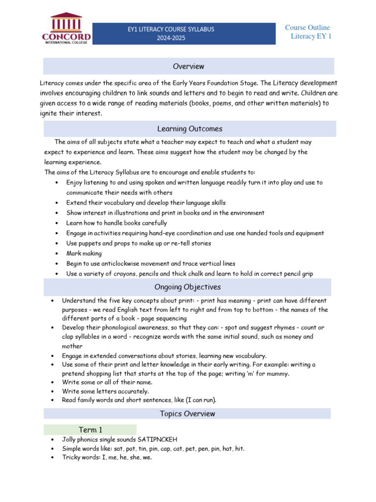EY 1 Syllabus Overview 2024-2025 | PDF | Phonics | Literacy