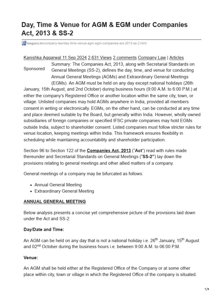 Day Time Venue For AGM EGM Under Companies Act 2013 SS-2 | PDF