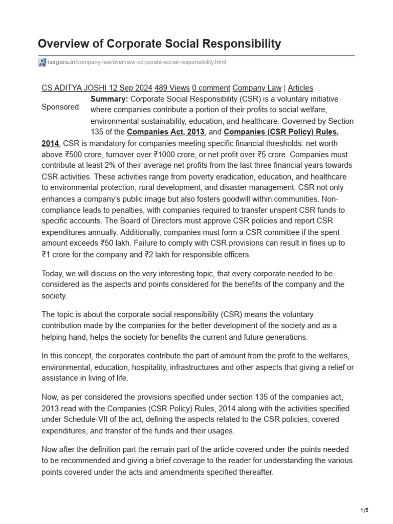 Overview of Corporate Social Responsibility | PDF