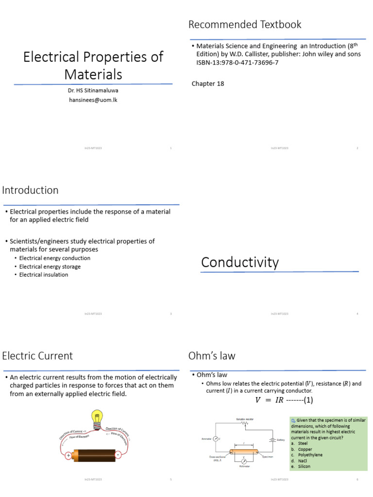 S1 Electrical Properties | PDF | Semiconductors | Electrical Resistivity And Conductivity
