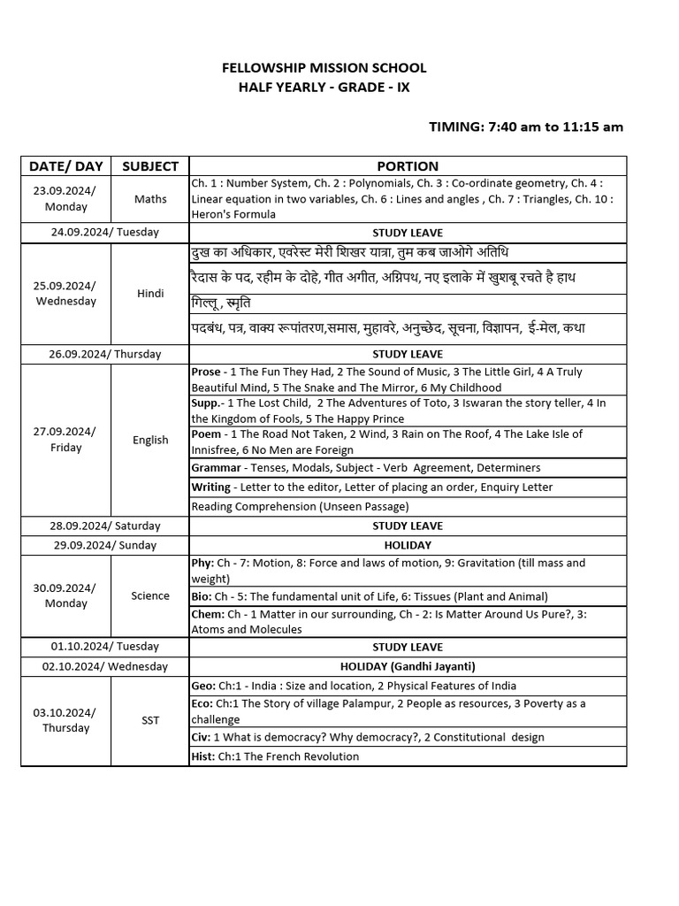 Grade IX - Half Yearly Exam Schedule | PDF