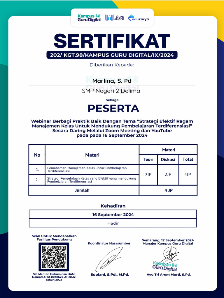 Sertifikat Marlina Berbagi Praktik Baik | PDF