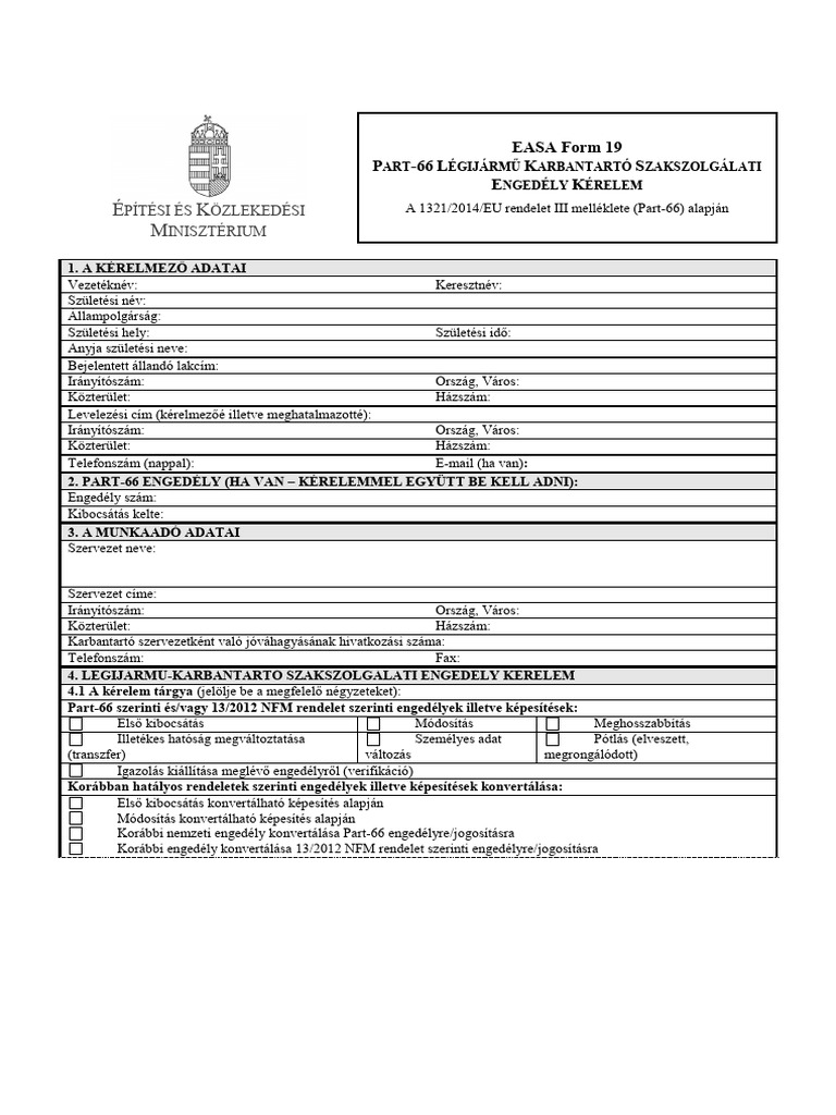 EASA Form19 Part-66 Légijármű Karbantartó Szakszolgálati Engedély ...