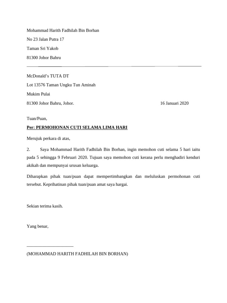 Surat Mohon Cuti Haris | PDF