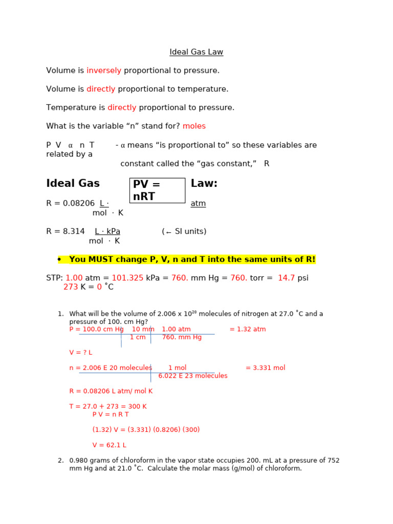 Ideal Gas Law Notes Key | PDF