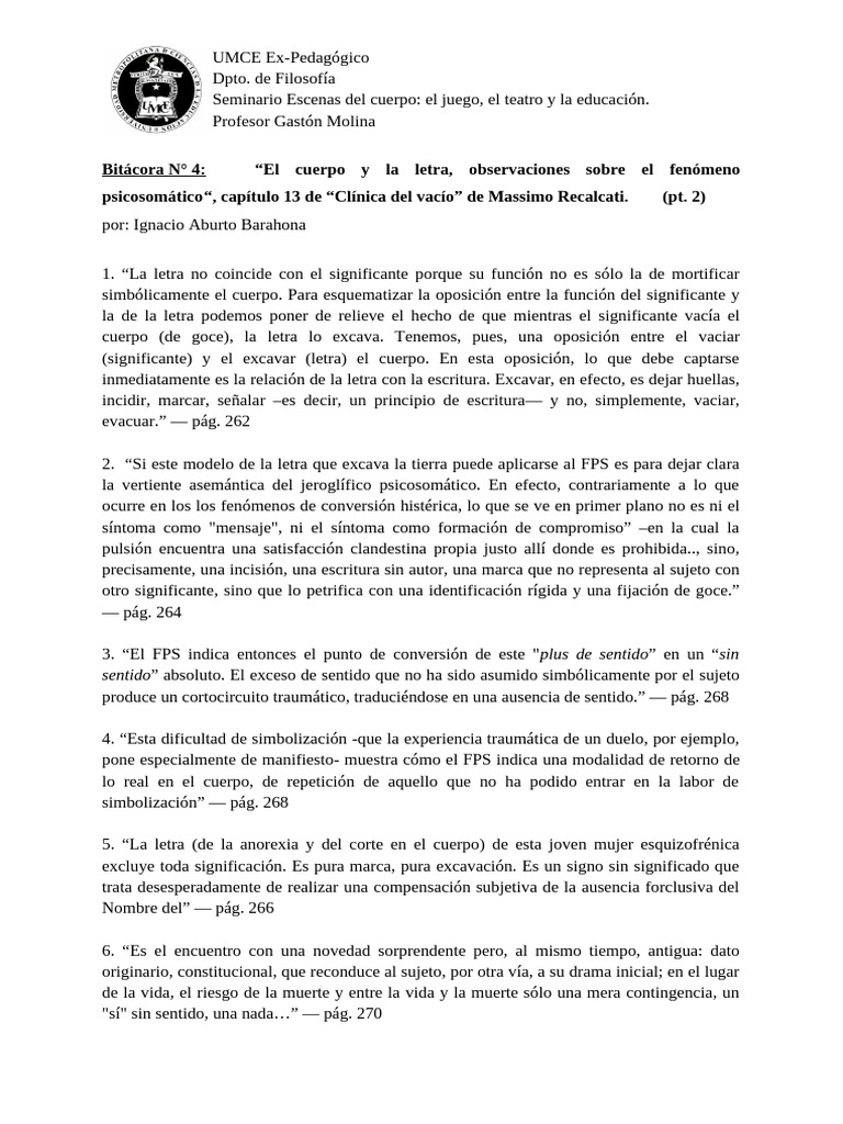 Bitácora 4 - El Cuerpo y La Letra, Observaciones Sobre El Fenómeno Psicosomático (Pt. 2) | PDF