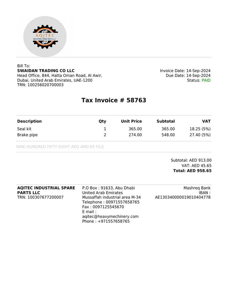 Paid Invoice for SWAIDAN TRADING Co. | PDF