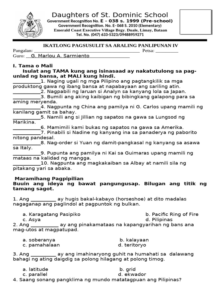 1st Quarter Examination in AP IV | PDF