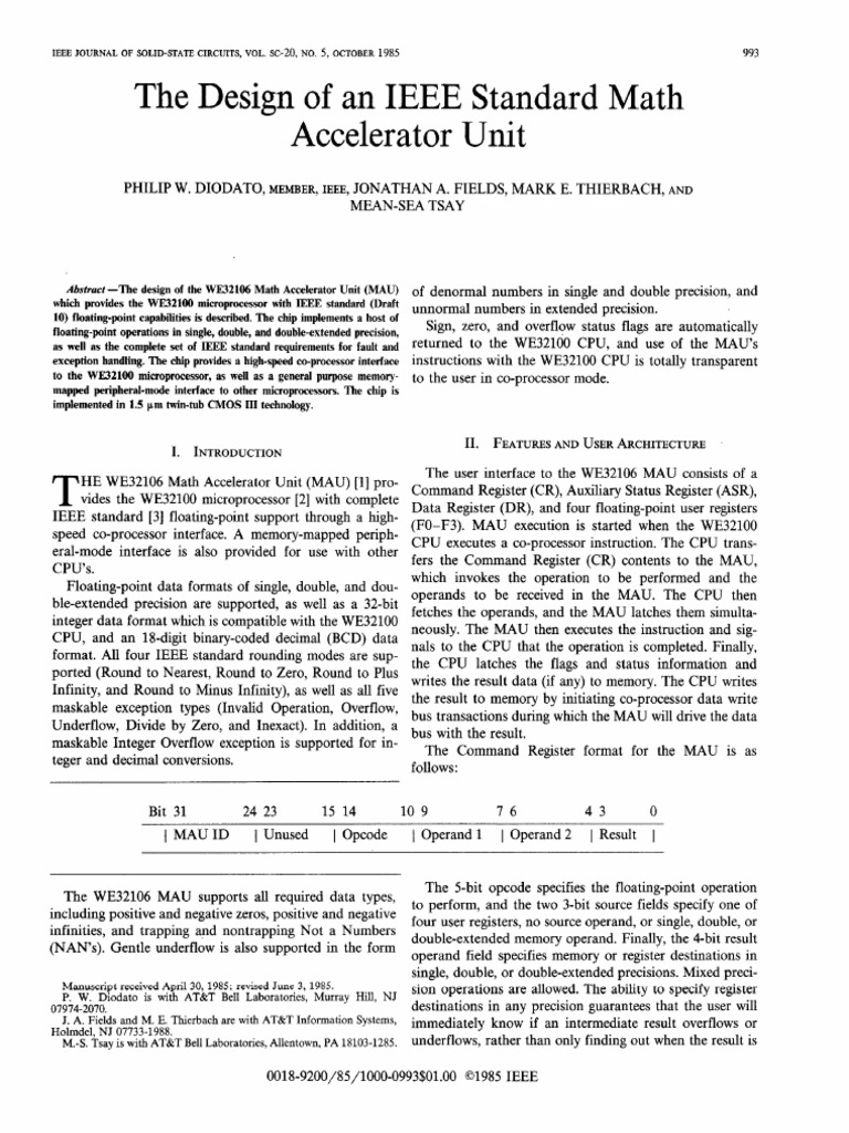 The Design of An IEEE Standard Math Accelerator Unit: Ieee Journal of Solid-Statecircuits, Vol ...