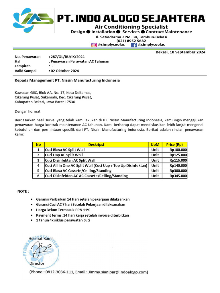 DRAFT - Surat Penawaran Kontrak Tahunan PT. Nissin Manufacturing Indonesia | PDF