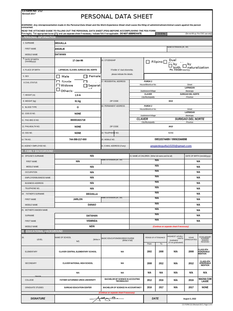 Deguilla Personal Data Sheet (1) | PDF