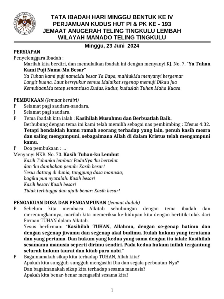 TATA IBADAH HARI MINGGU PERJAMUAN KUDUS (23 Juni 2024) | PDF