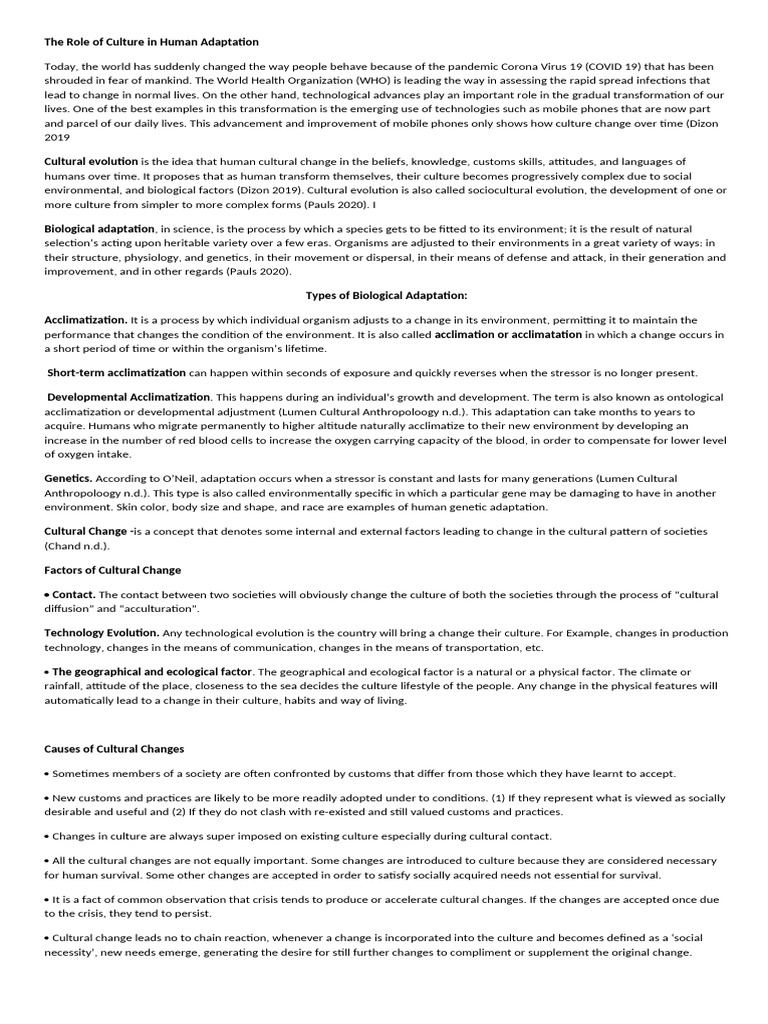 The Role Of Culture In Human Adaptation Pdf Adaptation Evolution