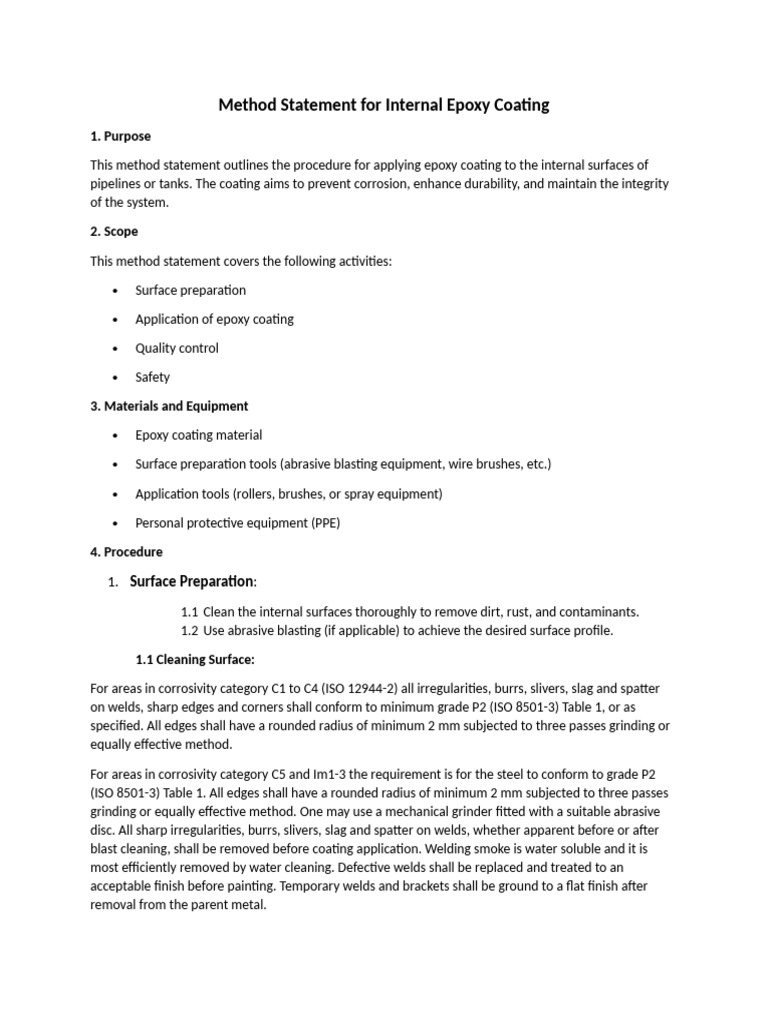 Method Statement For Internal Epoxy Coating | PDF
