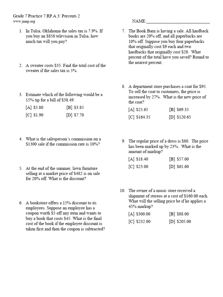 7.RP.A.3. Percents 2 | PDF