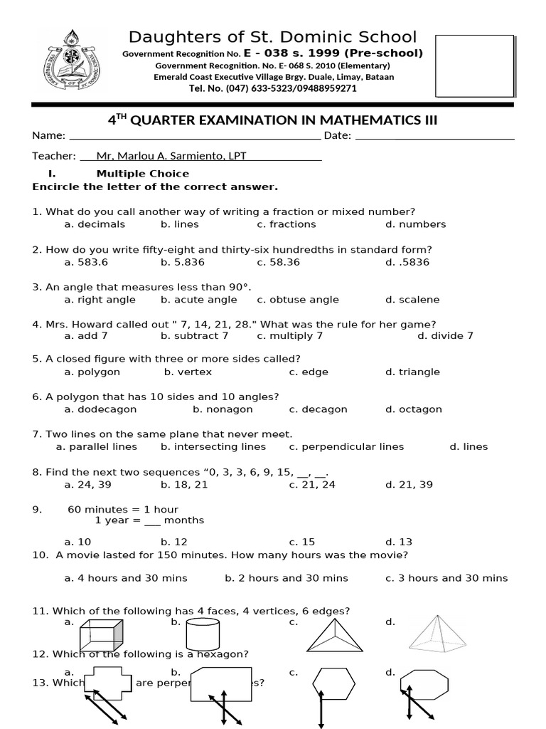 4TH Quarter Examination in Math Iii | PDF
