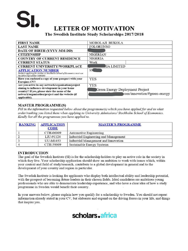 Motivation Letter for SI Scholarship 2017a | PDF