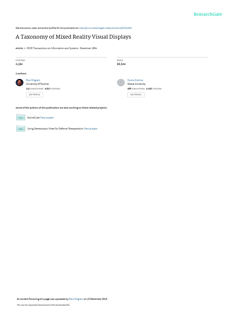 A Taxonomy of Mixed Reality Visual Displays | PDF | Augmented Reality ...