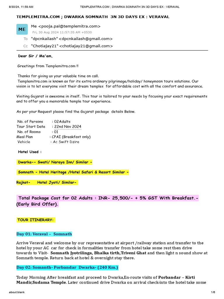 DWARKA SOMNATH 3N 3D DAYS EX - VERAVAL Mr. Kailash Nagar | PDF