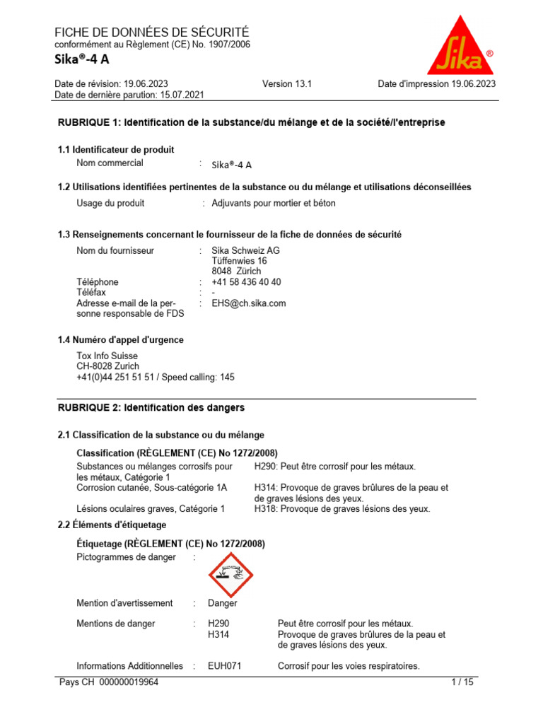 Sika® 4 A: Fiche de Données de Sécurité | PDF