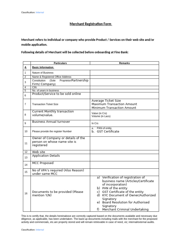 Merchant Registration Form-Fino Bank | PDF