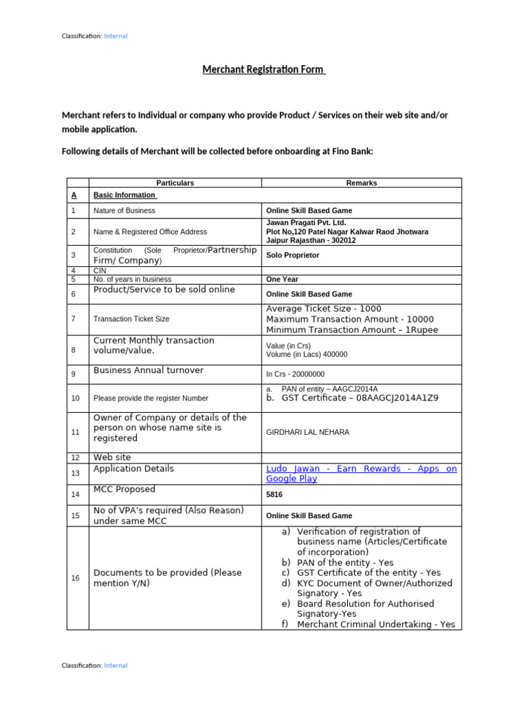 Merchant Registration Form-Fino Bank Jawan Pragati Pvt. Ltd. | PDF