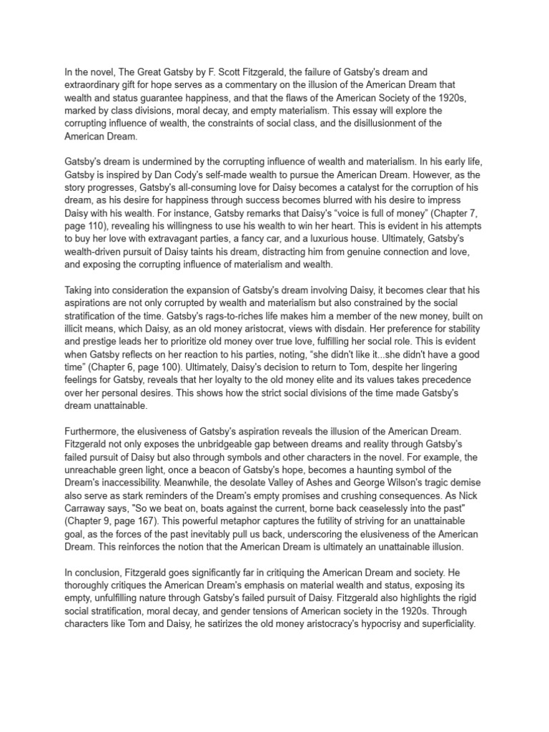 English Literature Essay - The Great Gatsby (Grade 10) | PDF | The ...