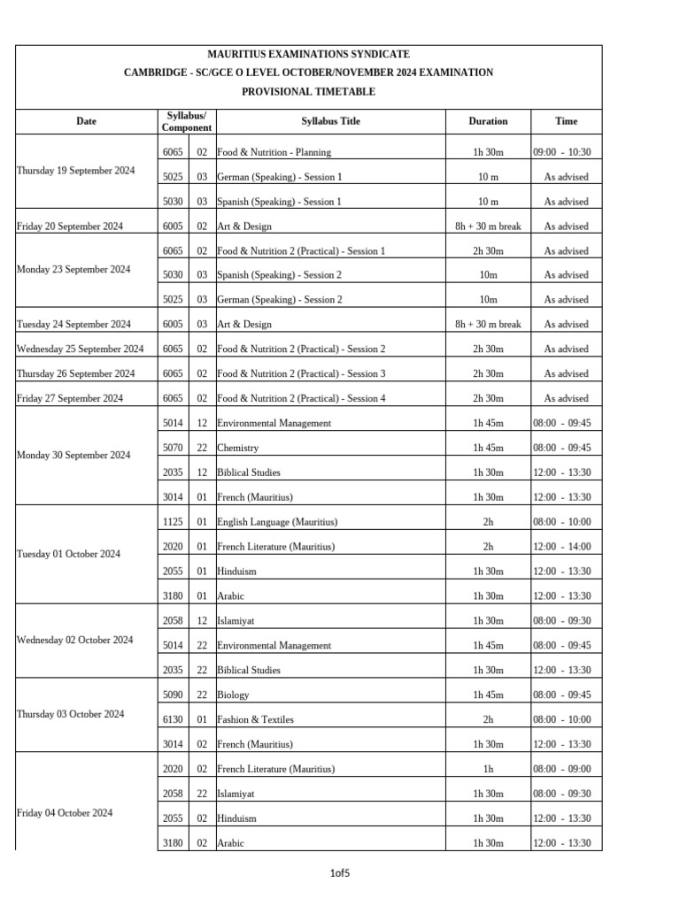 Provisional Timetable O Level 2024 Latest Version | PDF