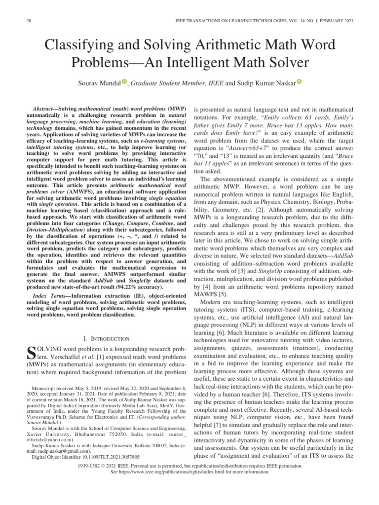 Classifying and Solving Arithmetic Math Word ProblemsAn Intelligent ...